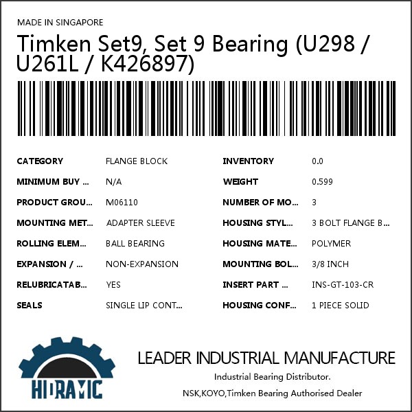 Timken Set9, Set 9 Bearing (U298 / U261L / K426897) - Leader Industrial ...